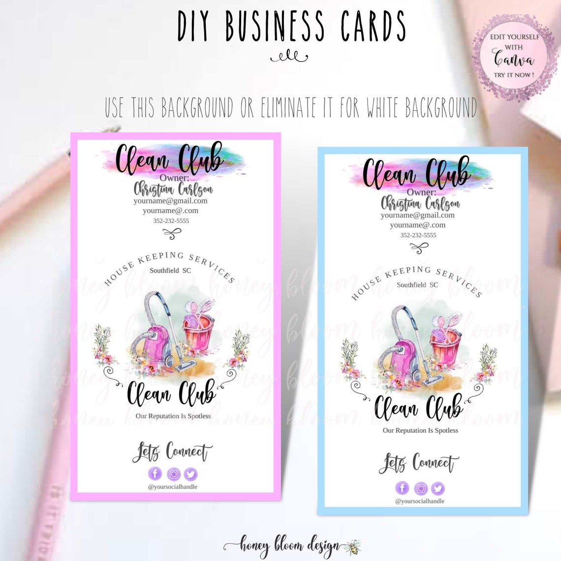 Colorful Cleaning Business Card | Pink Vacuum Bucket With Cleaning ...