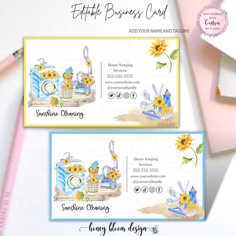 Sunflower Cleaning Business Card , Washing Machine Card ,blue Vacuum ...