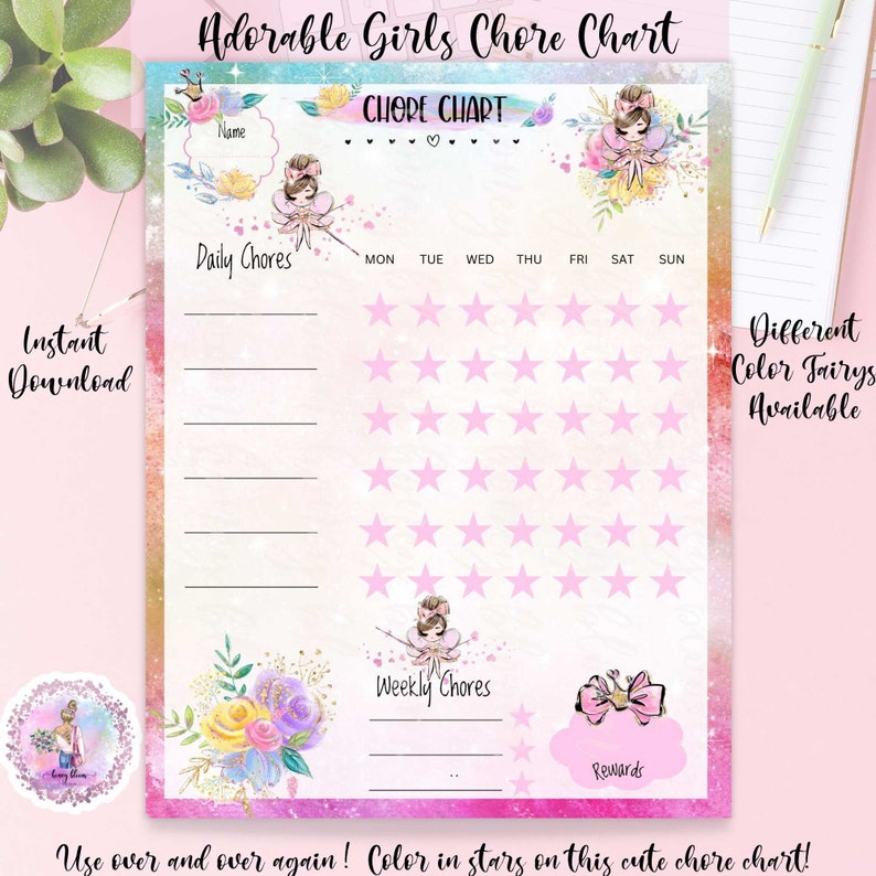 Adorable Brunette Fairy Chore Chart Instant Download Girls - Etsy