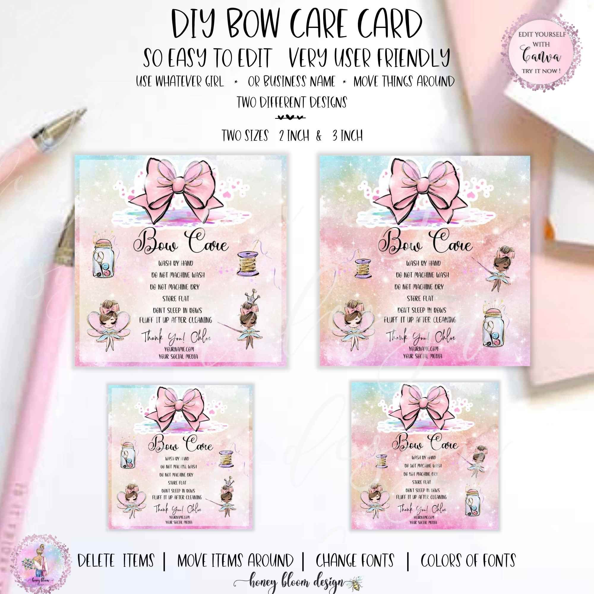 DIY Hair Bow Insert Card, Bow Care Card Template, Bow Care Instruction Sticker, Colorful Hairbow ...