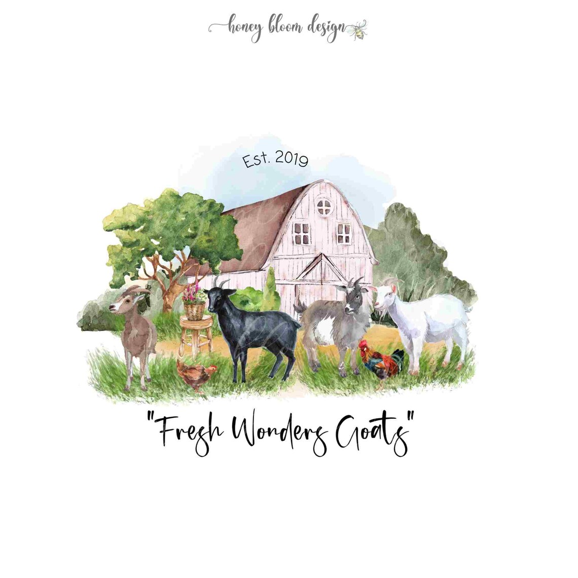 Goats White Barn Logo, Four Goats Chicken Rooster Logo, Goat Farm Scene ...