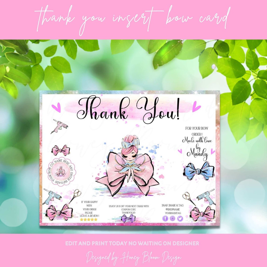 Handmade Bows Thank You Card | Pink Hair Cutie on Bow Card | Bows Hair ...