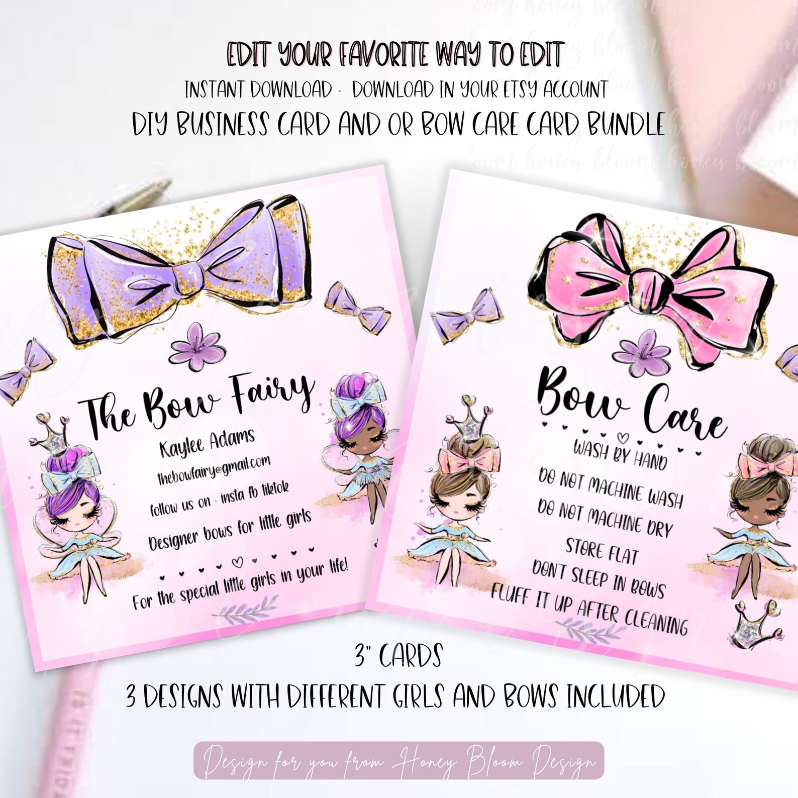 DIY Hair Bow Business Card, Bow Care Card, Bow Care Instruction Sticker, Handmade Bow Business ...