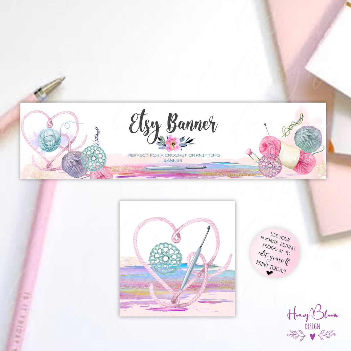 Crochet Etsy Banner Set Editable Creative Business Banner | Etsy