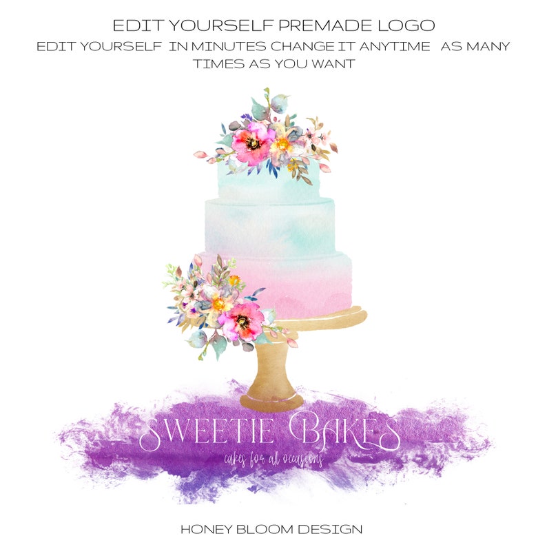 Bakery Cake Purple Watercolor Floral Premade Logo Edit | Etsy