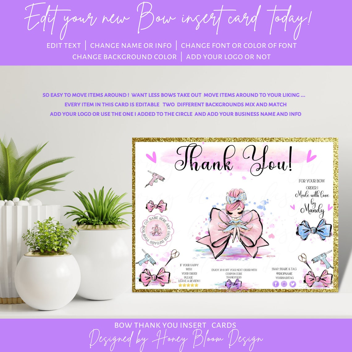Handmade Bows Thank You Card | Pink Hair Cutie on Bow Card | Bows Hair ...