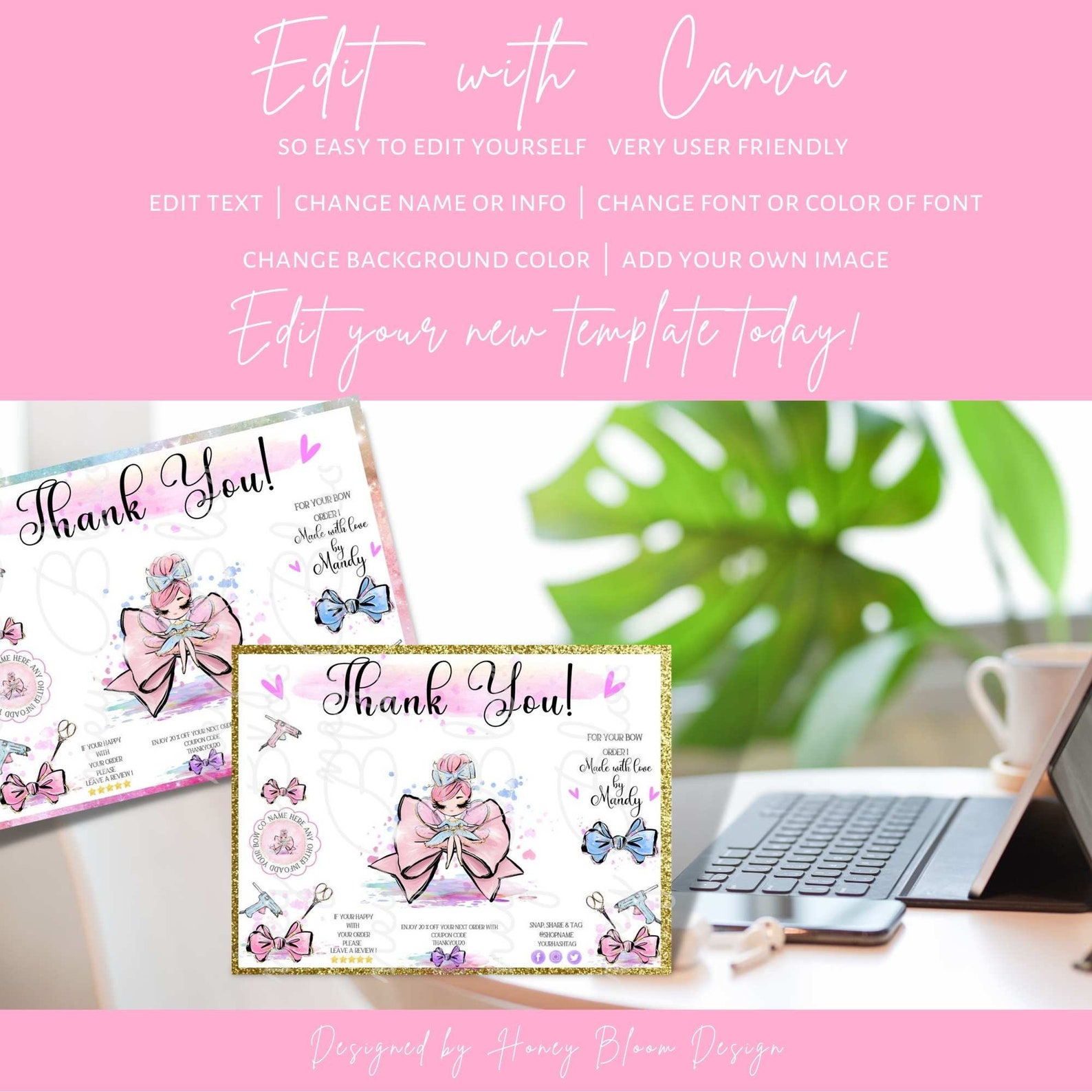 Handmade Bows Thank You Card | Pink Hair Cutie on Bow Card | Bows Hair ...