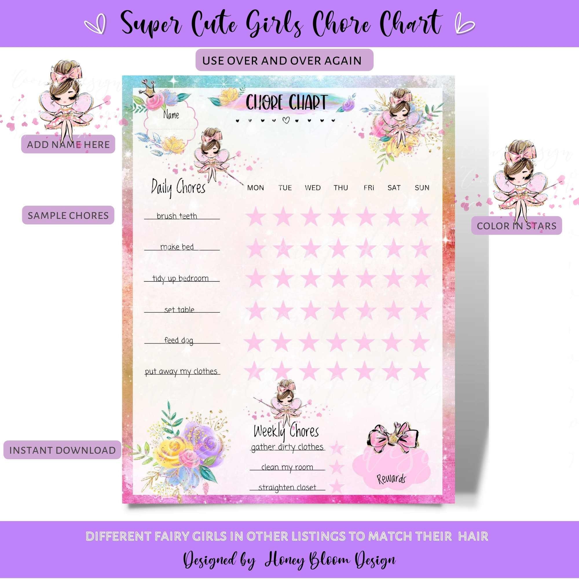 Adorable Brunette Fairy Chore Chart, Instant Download Girls Chore Chart ...