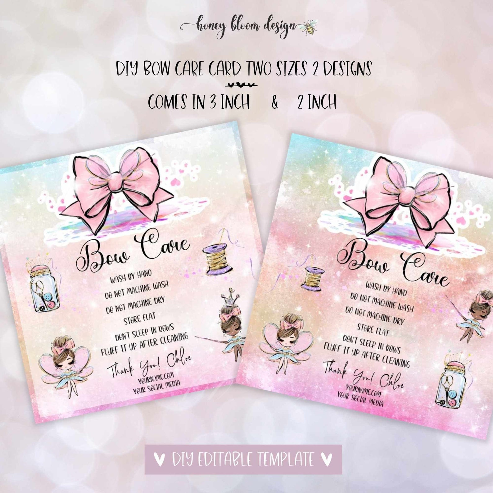 DIY Hair Bow Insert Card, Bow Care Card Template, Bow Care Instruction Sticker, Colorful Hairbow ...