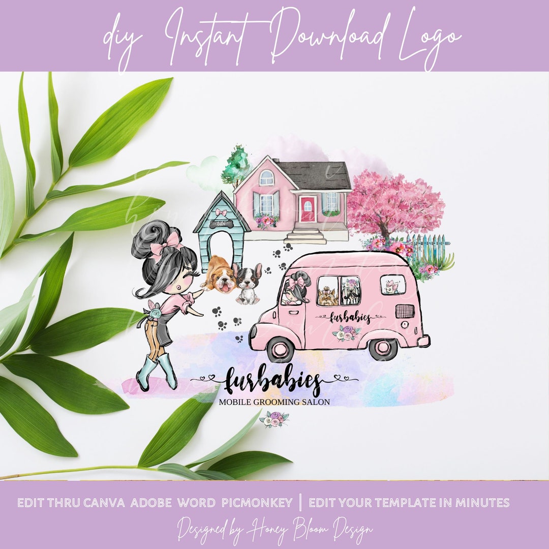 DIY Mobile Dog Groomer Logo, Pink Van Premade Logo, Just Add Your Name ...
