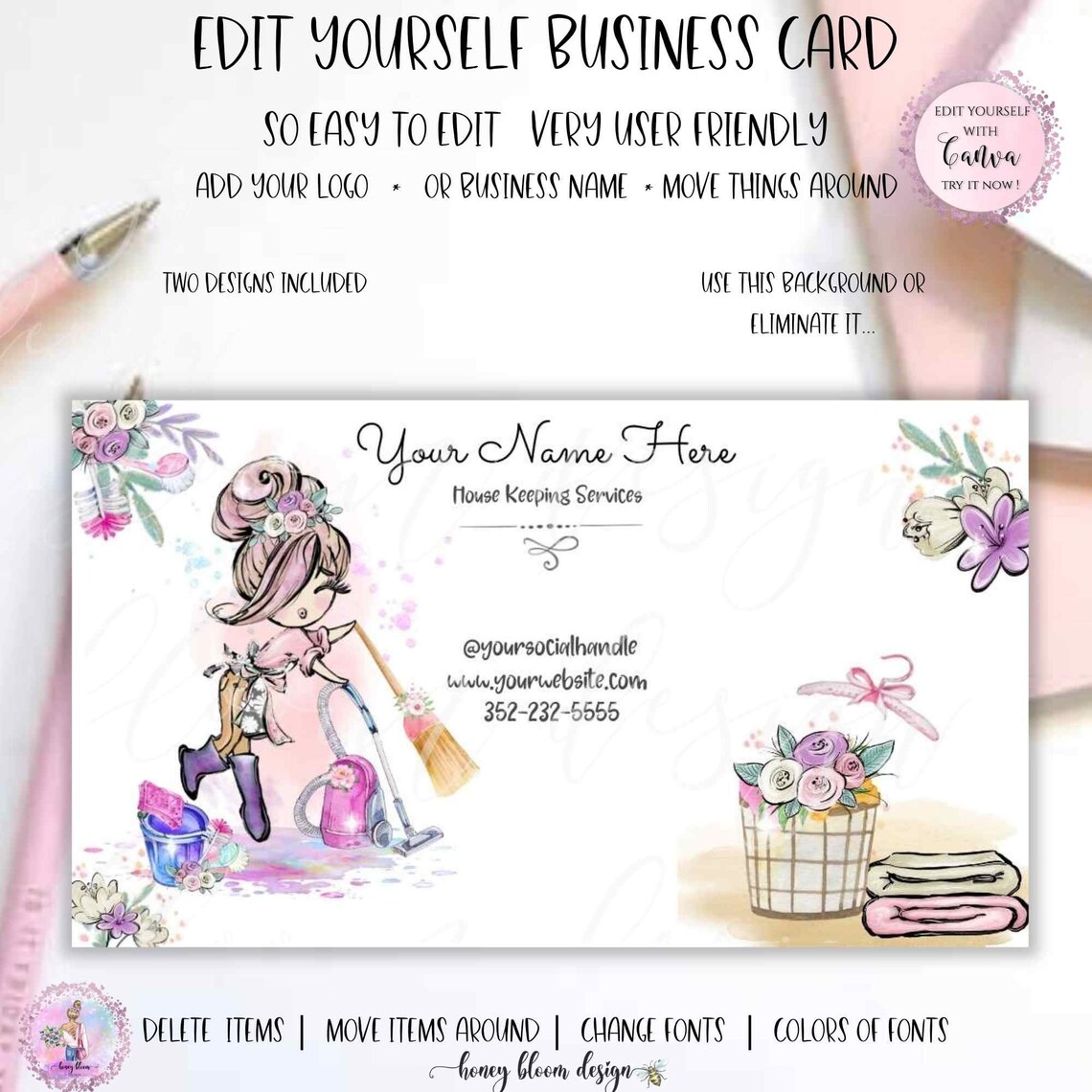 Women Cleaning Business Card, Purple Hair Cutie Cleaning Card, Broom ...
