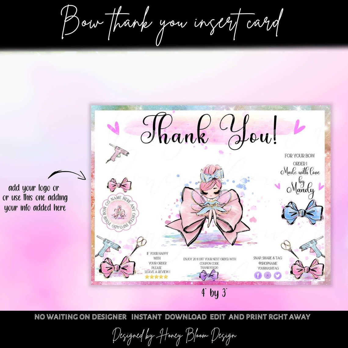 Handmade Bows Thank You Card | Pink Hair Cutie on Bow Card | Bows Hair ...