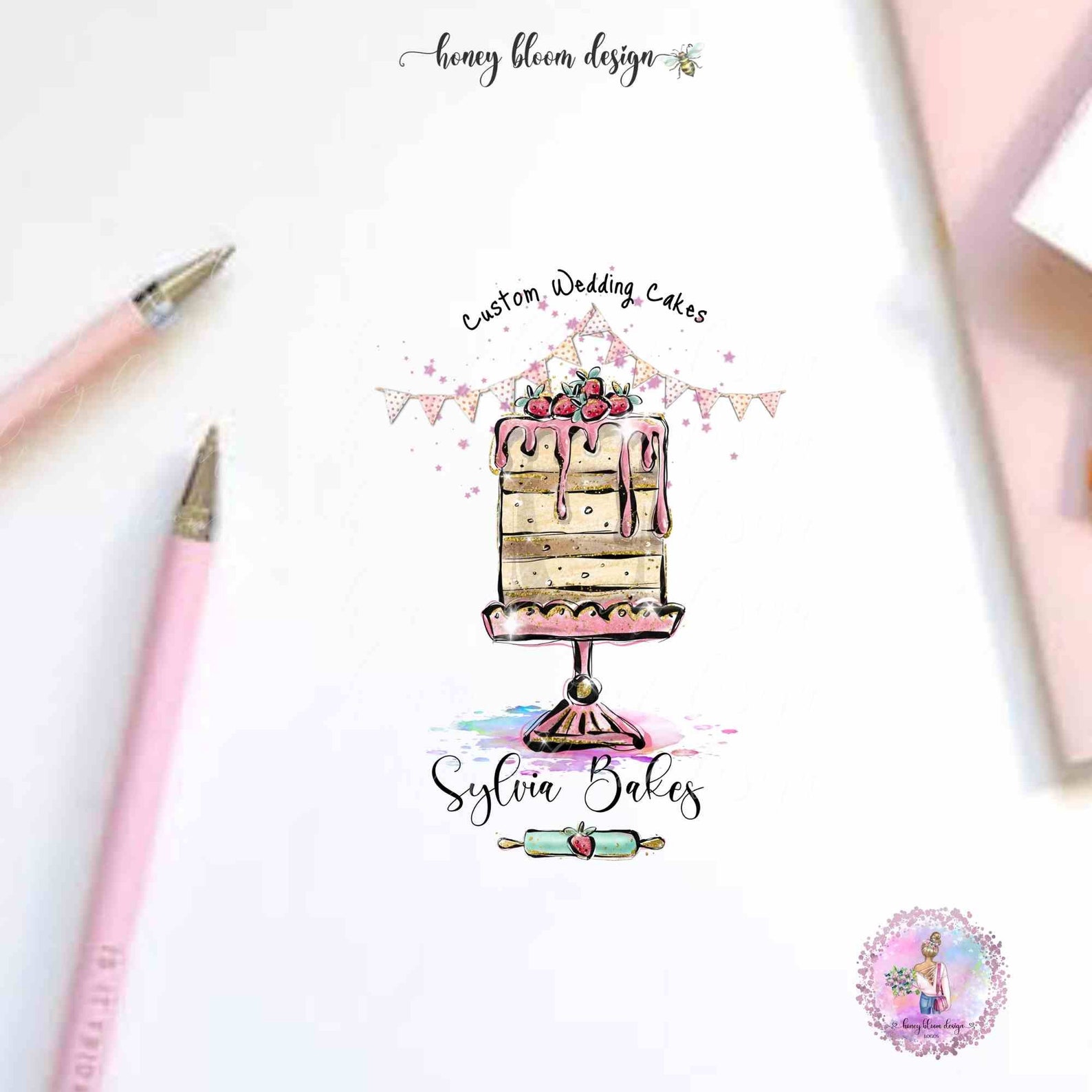 Pink Bakery Logo, Cake Cupcakes Cookies Logo, Floral Bakery Logo ...