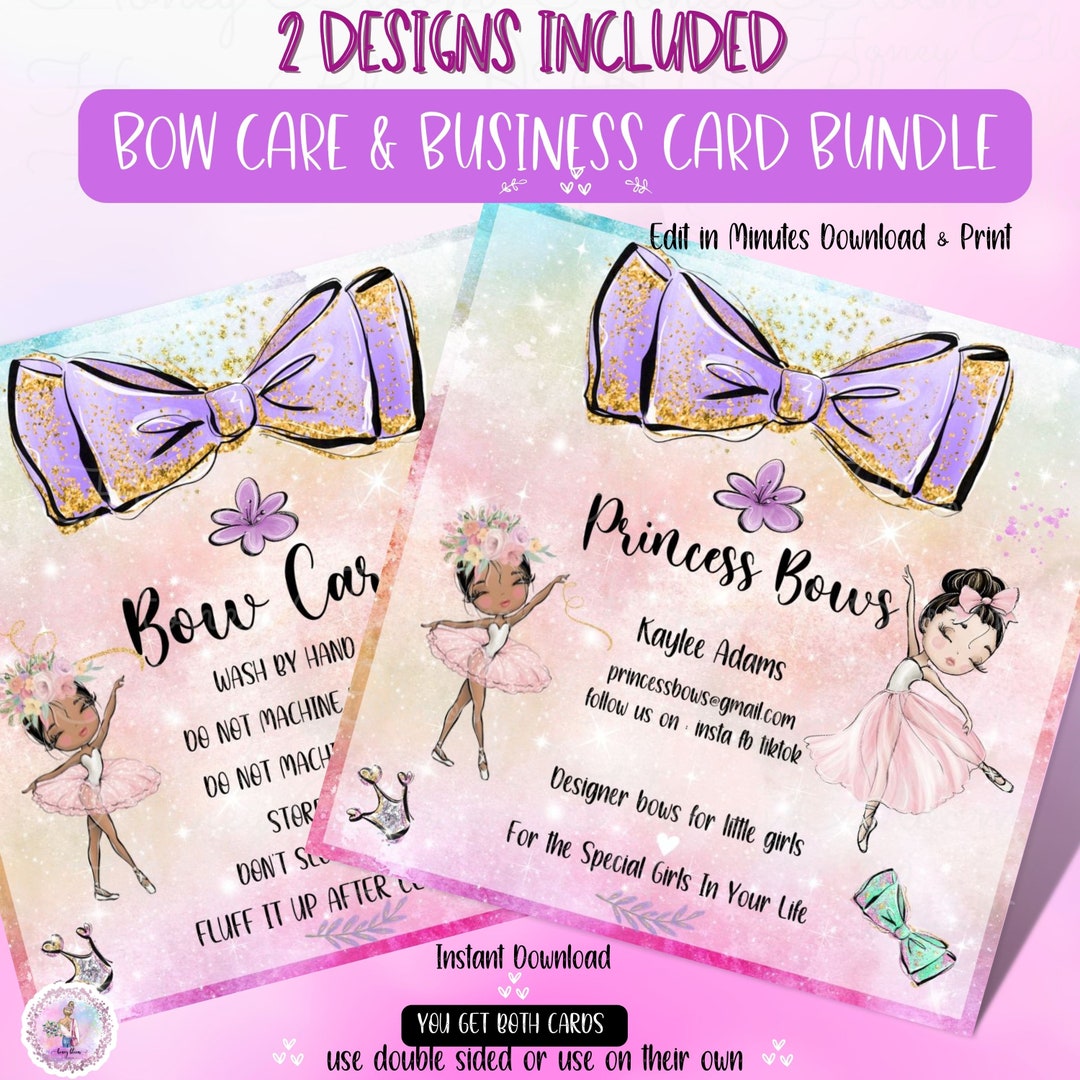 DIY Hair Bow Business Card, Bow Care Card, Bow Care Instruction Sticker, Handmade Bow Business ...