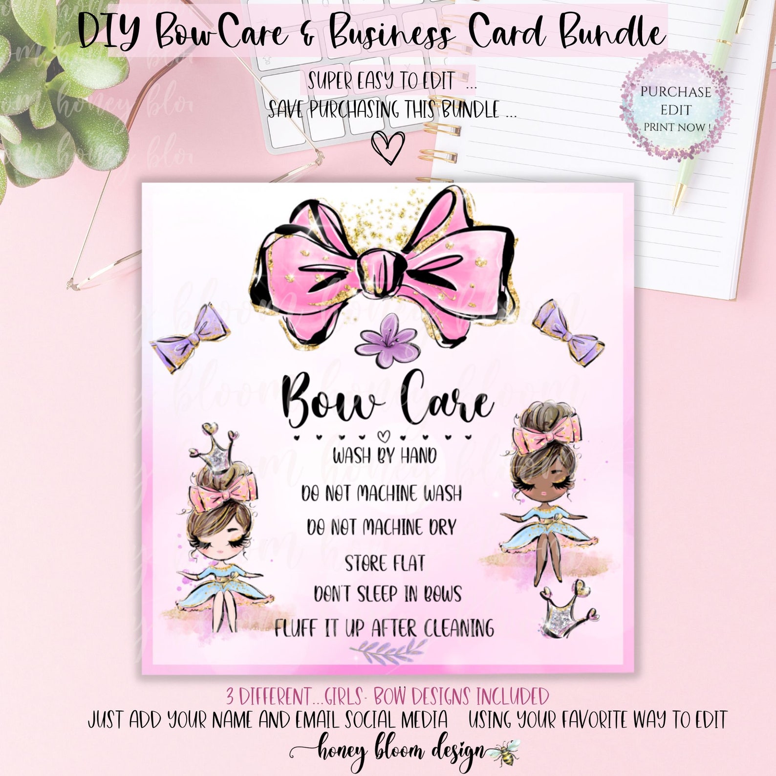 DIY Hair Bow Business Card, Bow Care Card, Bow Care Instruction Sticker, Handmade Bow Business ...