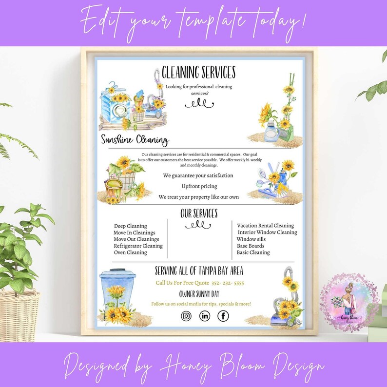 Sunflower Cleaning Info Flyer | Yellow Bucket With Cleaning Tools ...