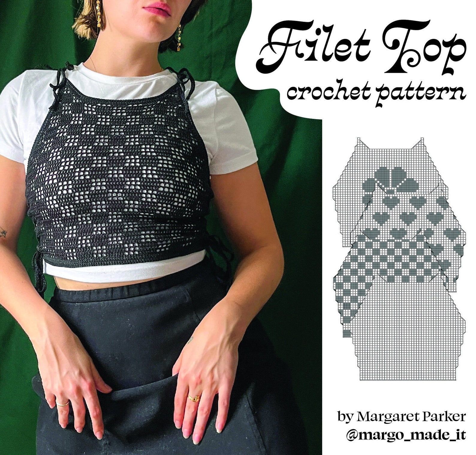 Filet Crochet Top Pattern: Lace-up Corset, Heart, Checker, & Flower ...
