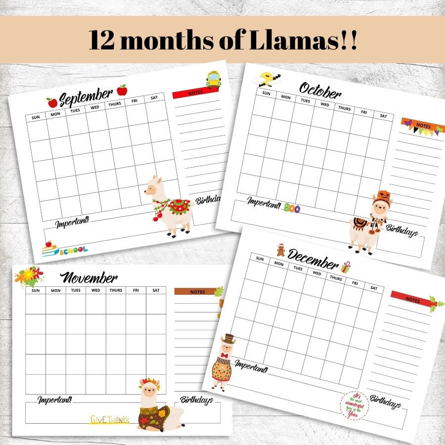 Llama Monthly Calendar | Undated, Monthly Llama Calendar | Printable ...