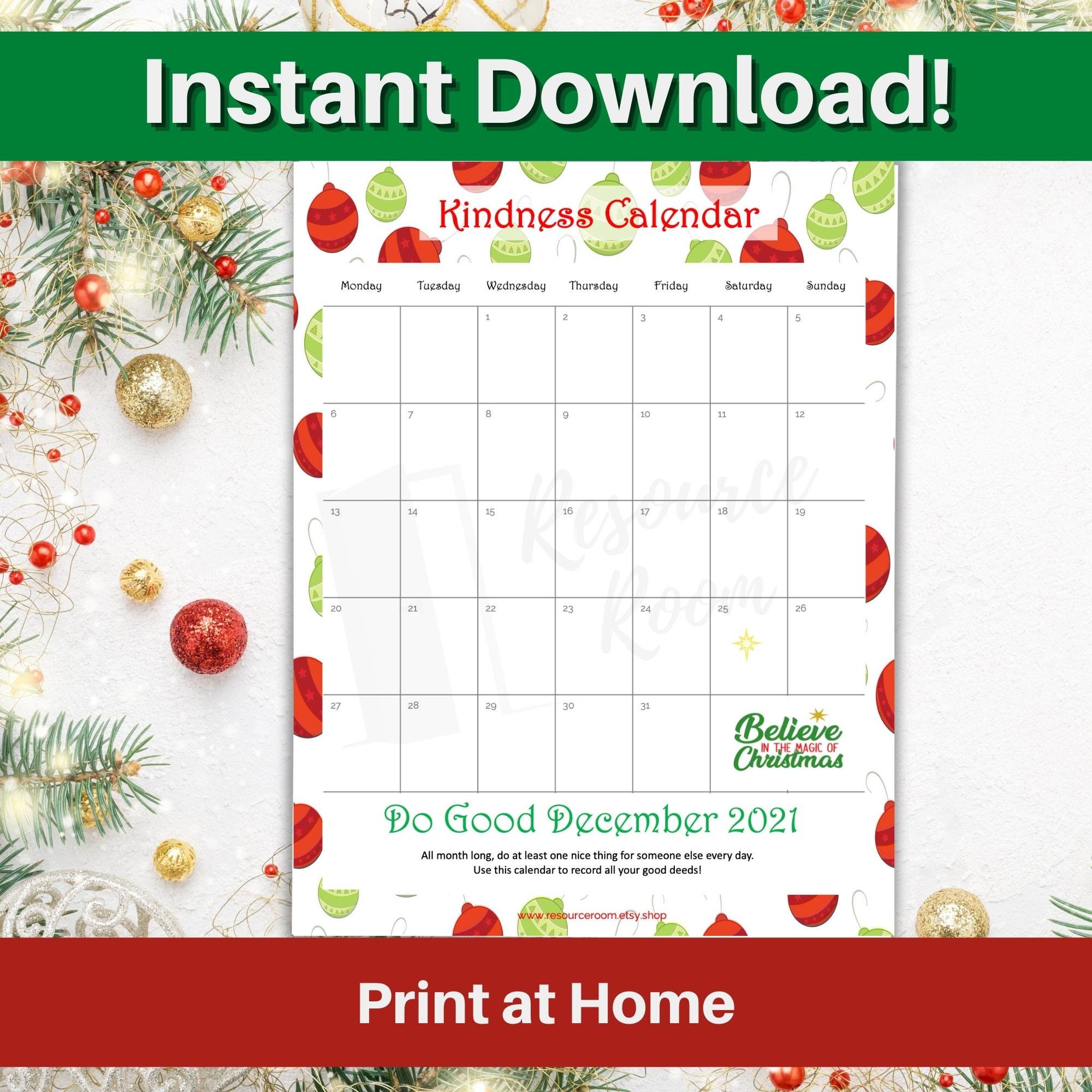 Christmas Kindness Calendar | Random Act of Kindness Tracker ...