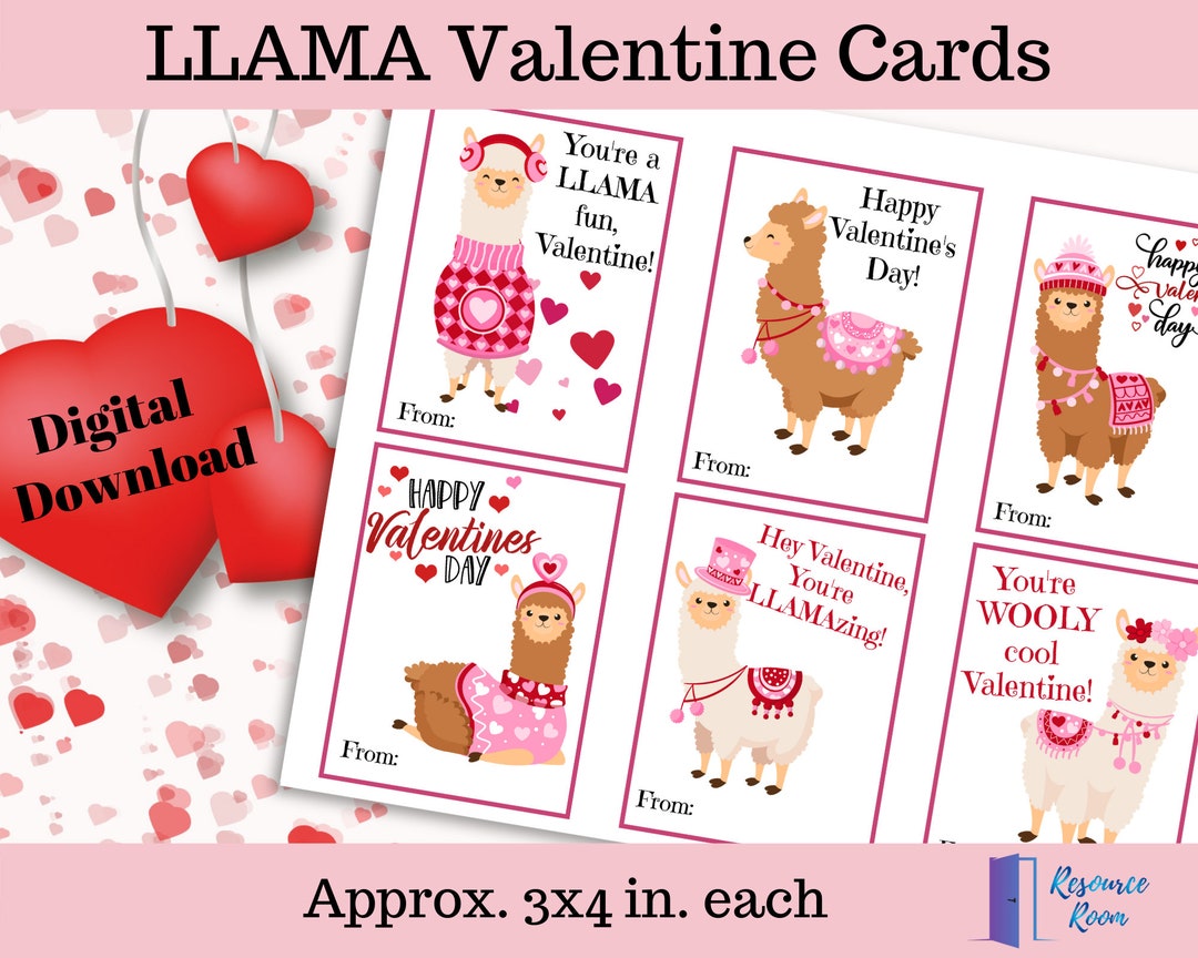 Llama Valentine Cards, Valentines for Kids, Printable Llama Valentines ...