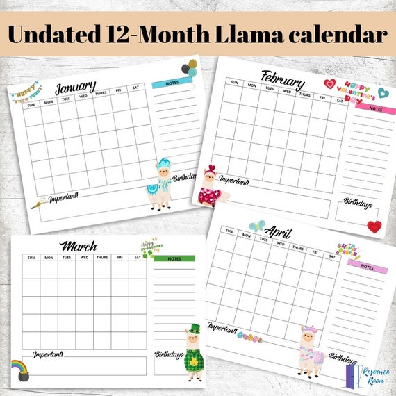Llama Monthly Calendar Undated Monthly Llama Calendar | Etsy