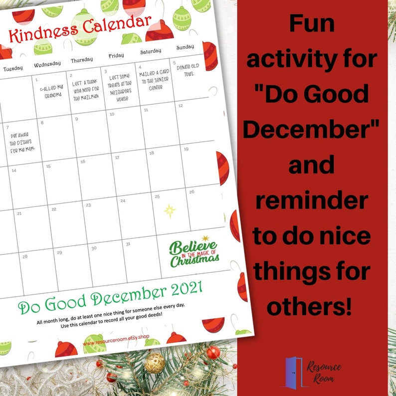 Christmas Kindness Calendar | Random Act of Kindness Tracker ...