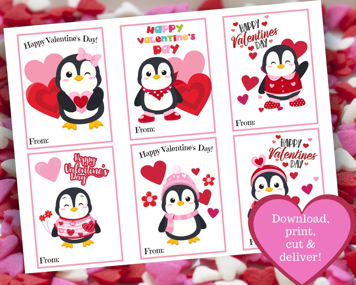 Penguin Valentine Cards, Valentines for Kids, Printable Penguin ...