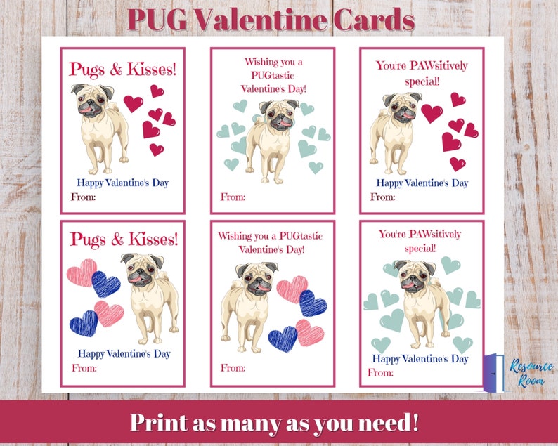 Pug Valentine Cards, Valentines for Kids, Printable Pug Valentines - Etsy