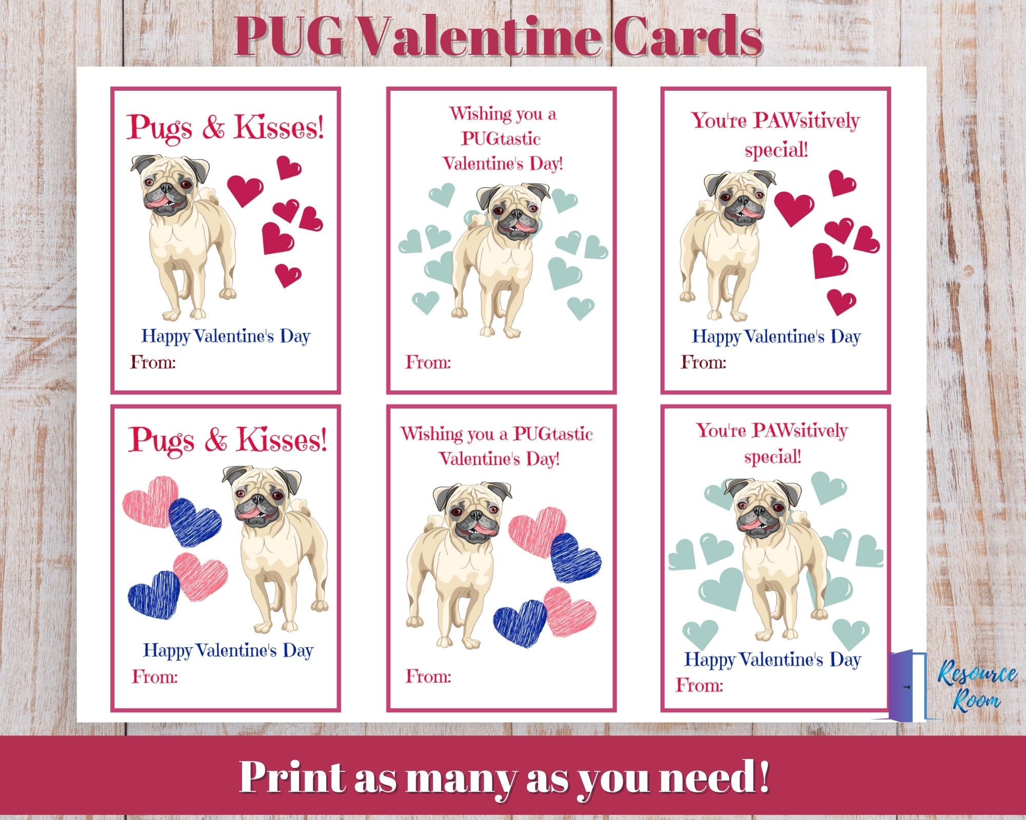 Pug Valentine Cards, Valentines for Kids, Printable Pug Valentines - Etsy