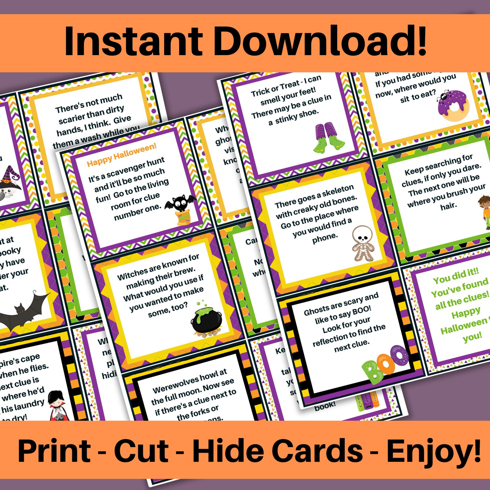 Halloween Scavenger Hunt Cards Printable Halloween Scavenger Hunt Clue ...