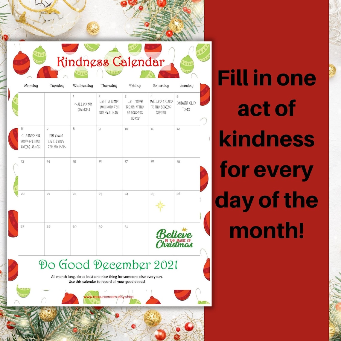 Christmas Kindness Calendar Random Act of Kindness Tracker Christmas ...