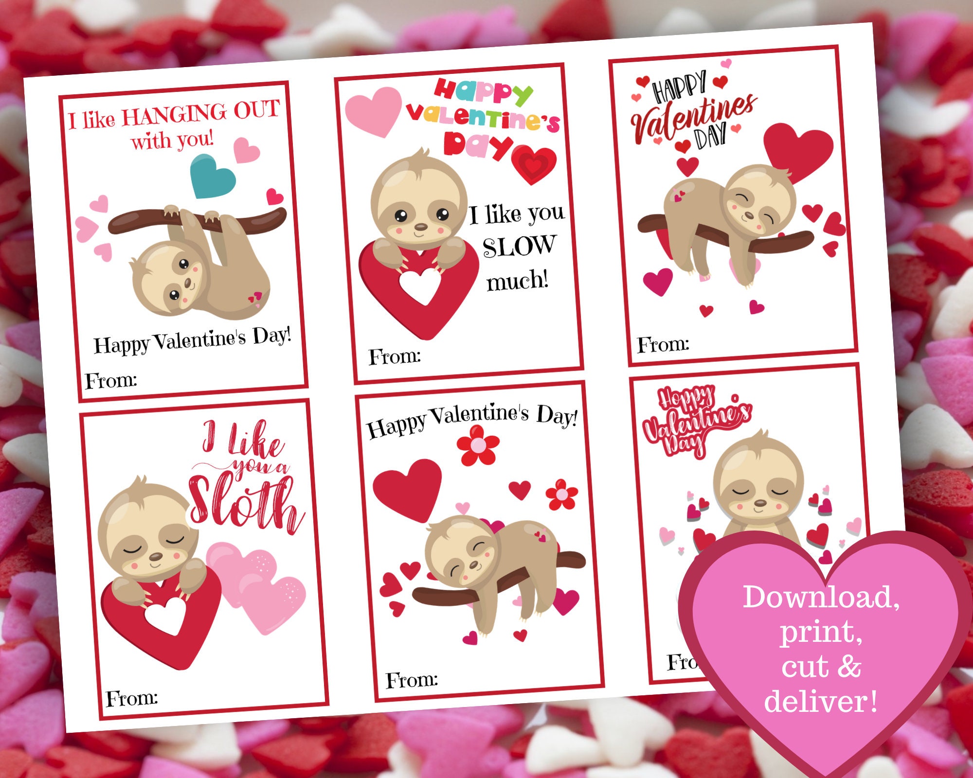 Sloth Valentine Cards for Kids, Printable Valentines (digital Download ...