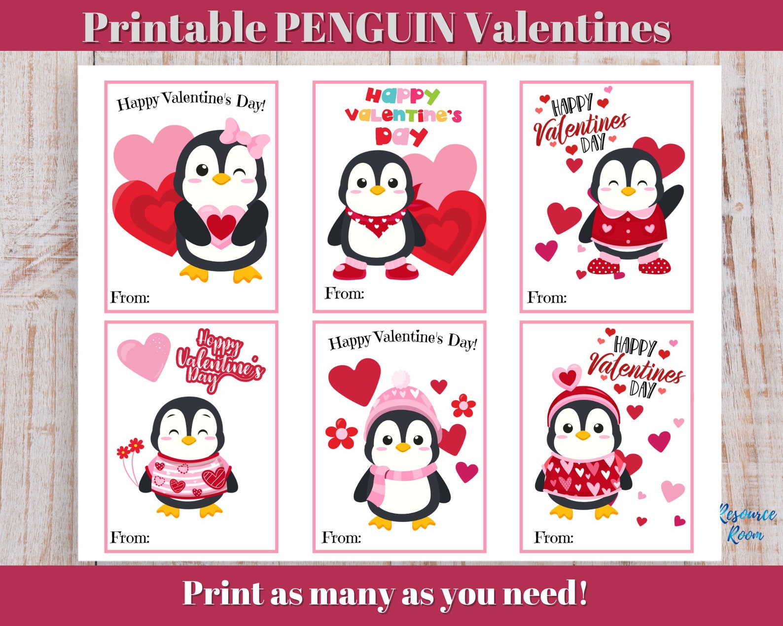 Penguin Valentine Cards, Valentines for Kids, Printable Penguin ...