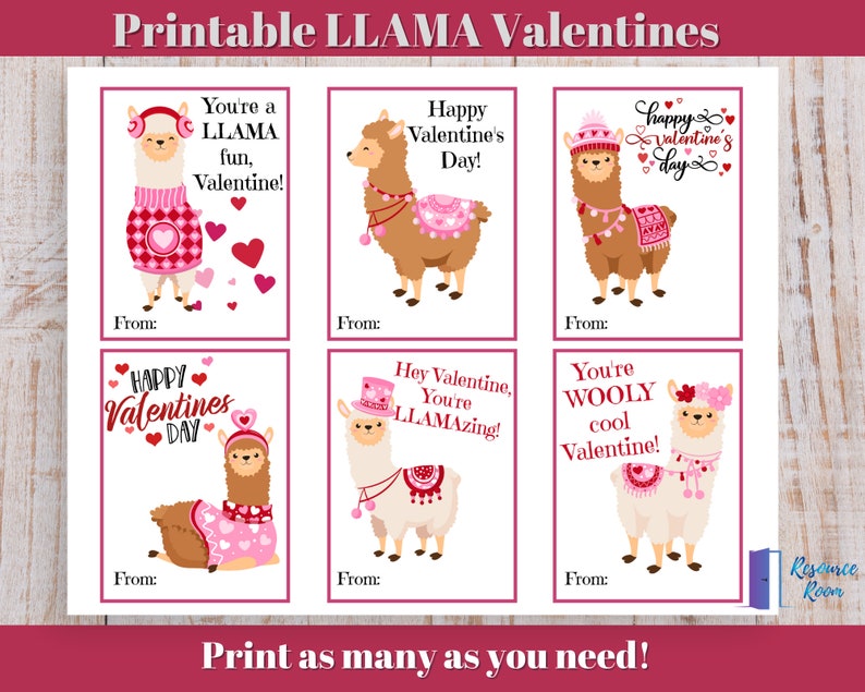 Llama Valentine Cards, Valentines for Kids, Printable Llama Valentines ...