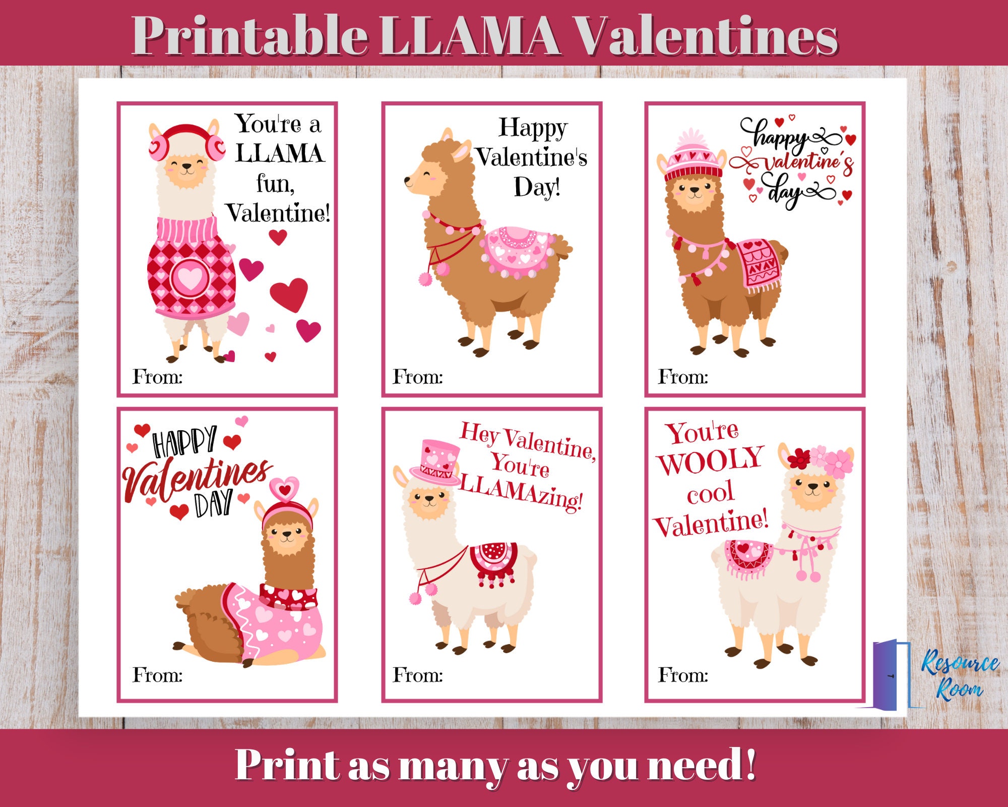 Llama Valentine Cards, Valentines for Kids, Printable Llama Valentines ...