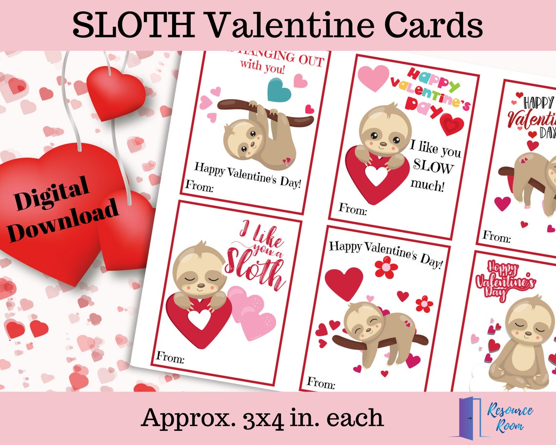 Sloth Valentine Cards for Kids, Printable Valentines (digital Download ...