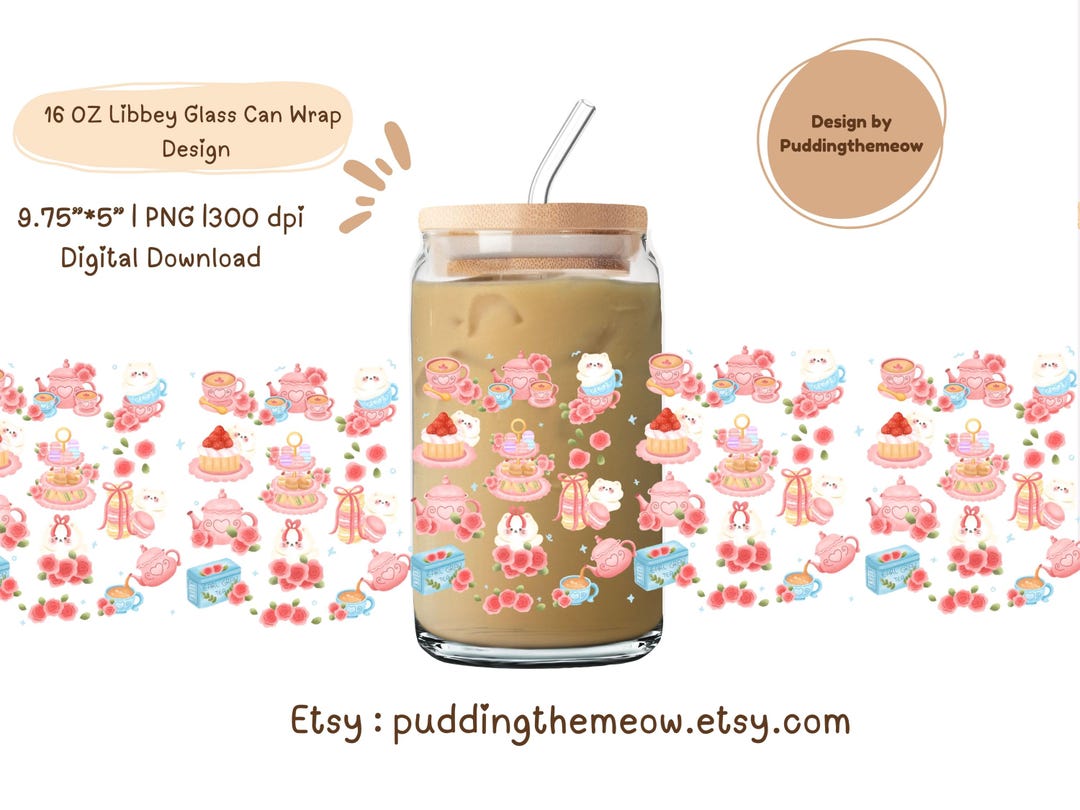 Afternoon Tea Party 16 Oz Libbey Glass Can Wrap PNG | Tea Lover Tumbler ...