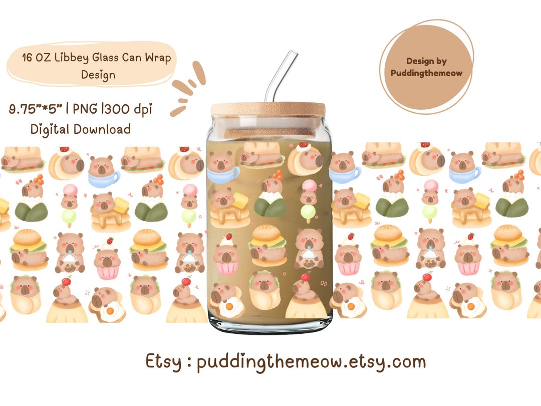 Cute Capybara 16oz Libbey Glass Can Wrap PNG | Cute Glass Wrap PNG ...