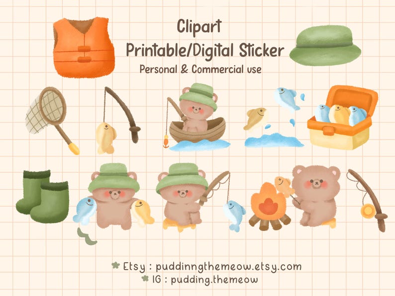 Cute Fishing Clipart | Cute Printable Digital Sticker | Clipart Png ...