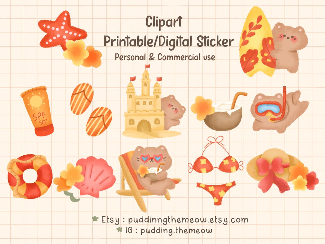 Cute Summer Beach Day Clipart | Cute Printable Digital Sticker ...