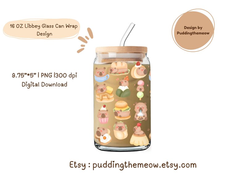 Cute Capybara 16oz Libbey Glass Can Wrap PNG | Cute Glass Wrap PNG ...
