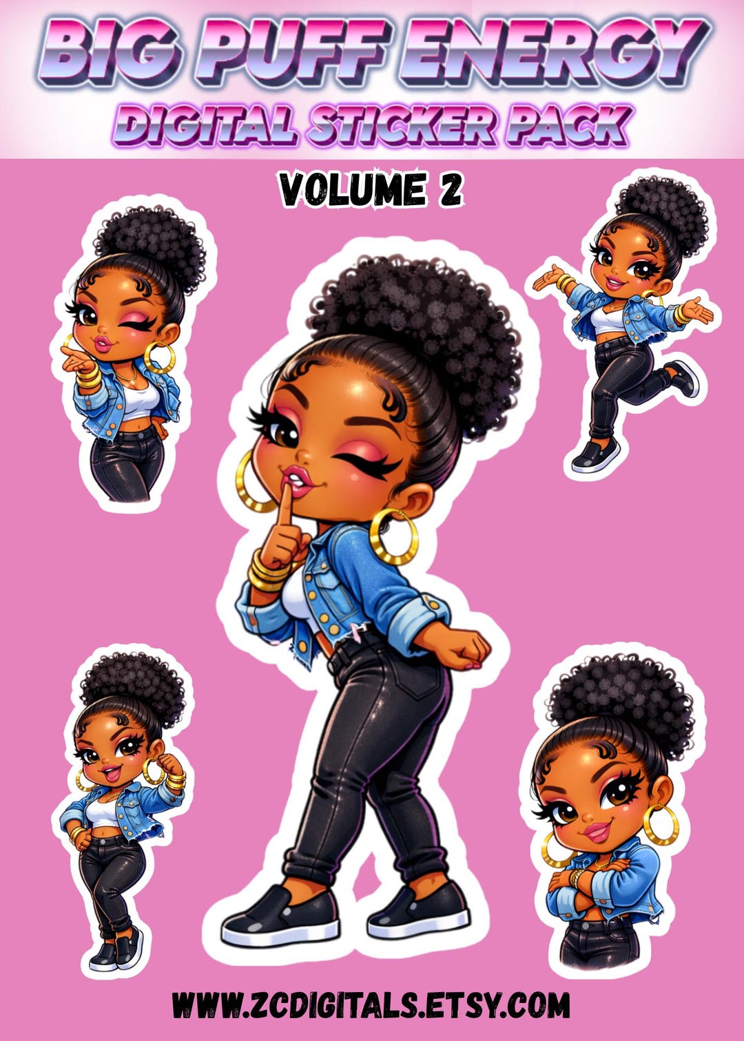 Afro Puff Girl Digital Stickers – Big Puff Energy Vol. 2 (canva PNG ...