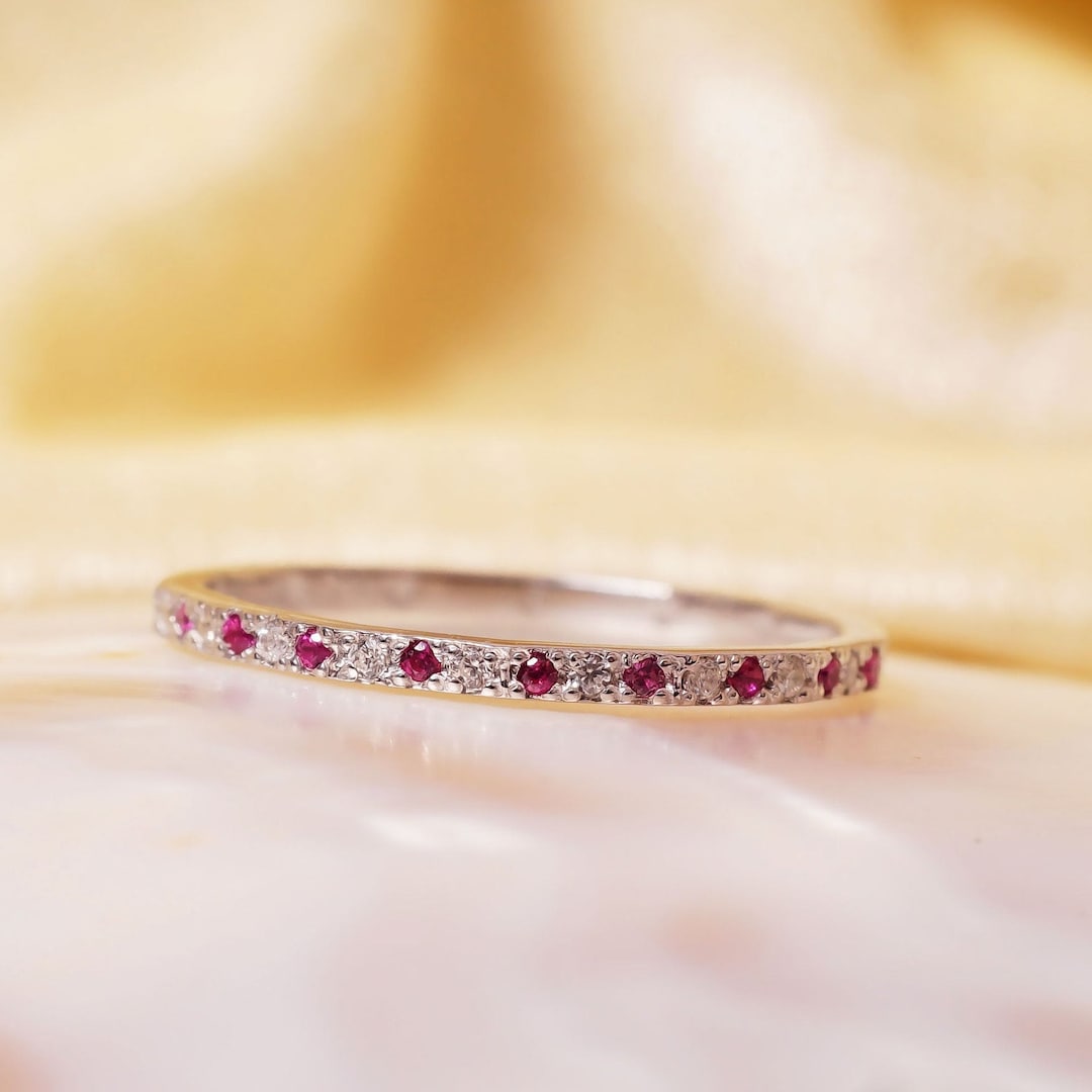 Ruby and Diamond Eternity Band / 14k White Gold Micro Pave Diamond and ...