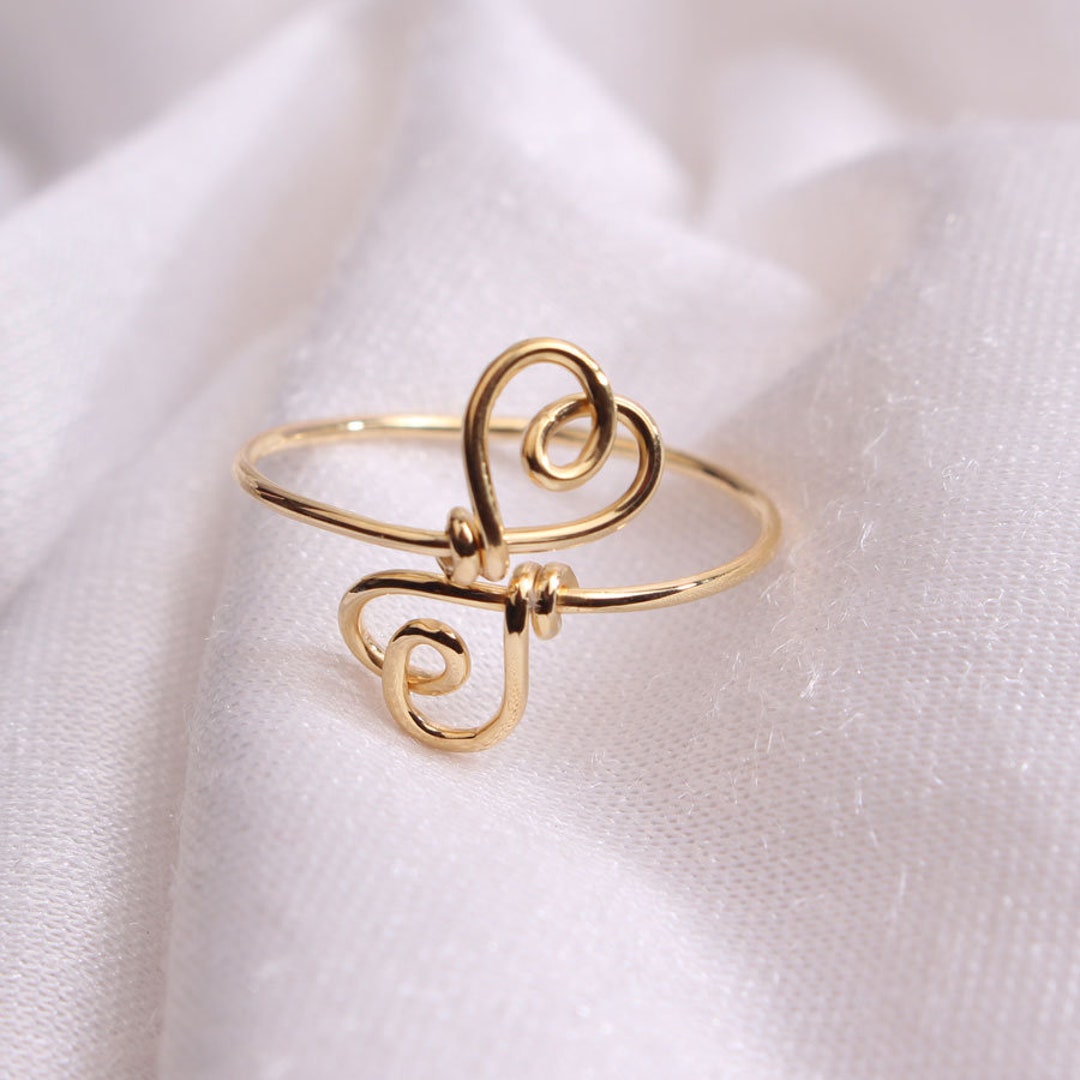 Heart Ring / Two Hearts Ring / 14k Yellow Gold / Stackable Ring / 14k ...