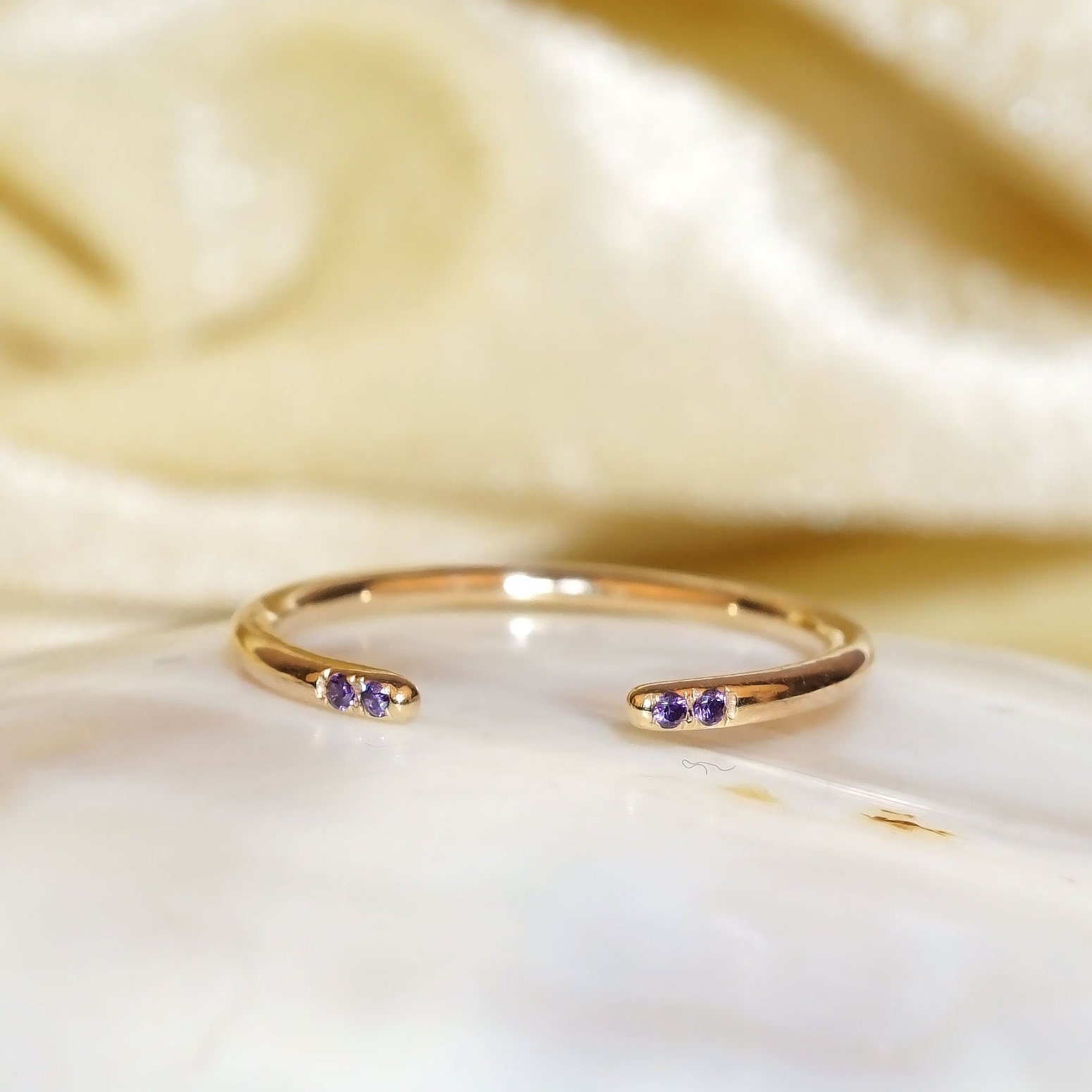 14k Gold Amethyst Open Cuff Ring / Amethyst Stackable Ring / | Etsy