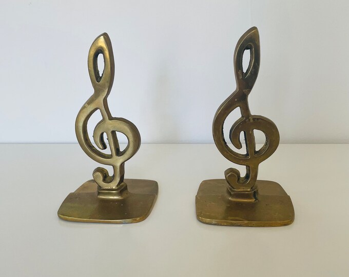 Vintage Pair of Brass Music Notes Bookends / Gold Treble Clef Bookends ...