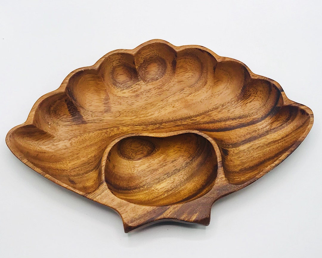 Vintage Carved Wood Platter / Seashell Carved Dolphin Serving Plate ...