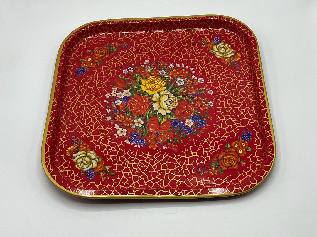 Vintage Red Floral Tin Tray / the Tin Box Company of America - Etsy