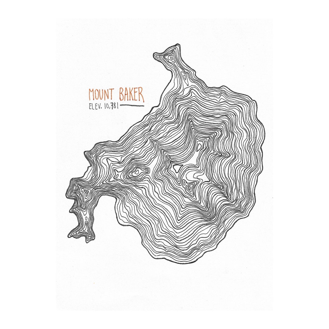 Mt. Baker Print Topography Maps Map Art Nature Mountains Pen Drawing ...