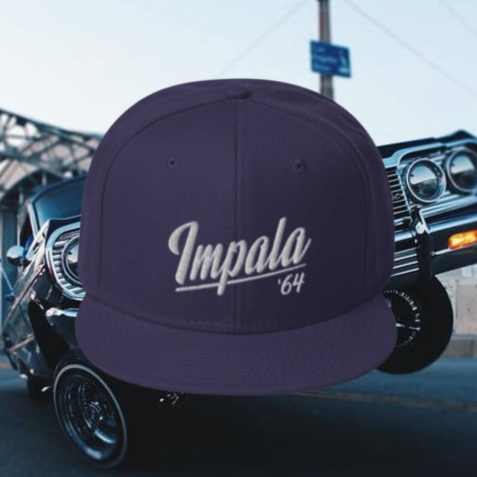 Chevy '64 Impala Lowrider Embroidered Snapback Hat - Classic Car Fan ...